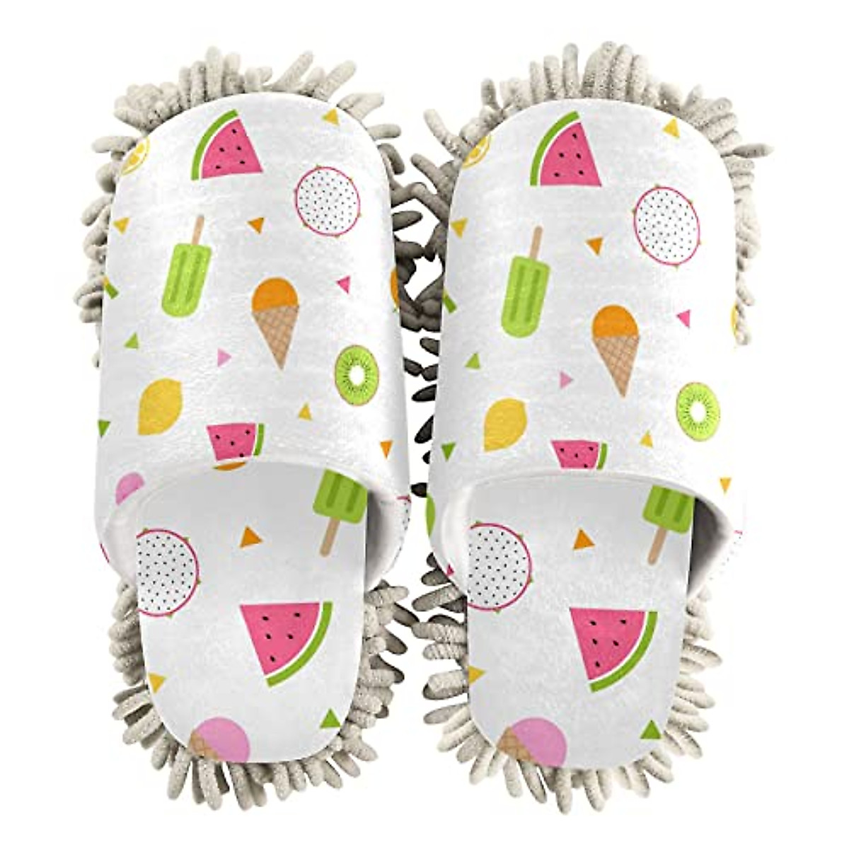 Microfiber Cleaning Slippers Cute Tropical Fruits Washable Mop Shoes Slipper for Men/Women House Floor Dust Cleaner, Size M