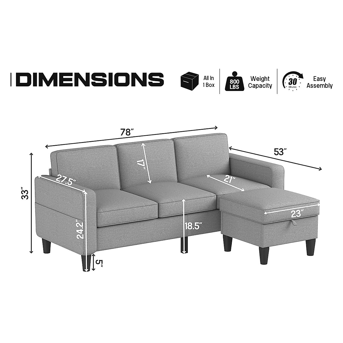 ZeeFu Convertible Sectional Sofa Couch: 78'' Light Gray 3 Seat L-Shaped Sofa Couches with Storage Ottoman - Modern Linen Fabric Upholstered Furniture Sofa for Living Room Office Small Space Apartment