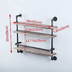 Industrial Pipe Shelf Wine Rack Wall Mounted with 9 Stem Glass Holder,3-Tiers Rustic Floating Bar Shelves Wine Shelf,36in Real Wood Shelves Wall Shelf Unit,Steam Punk Pipe Shelving Wine Glass Rack