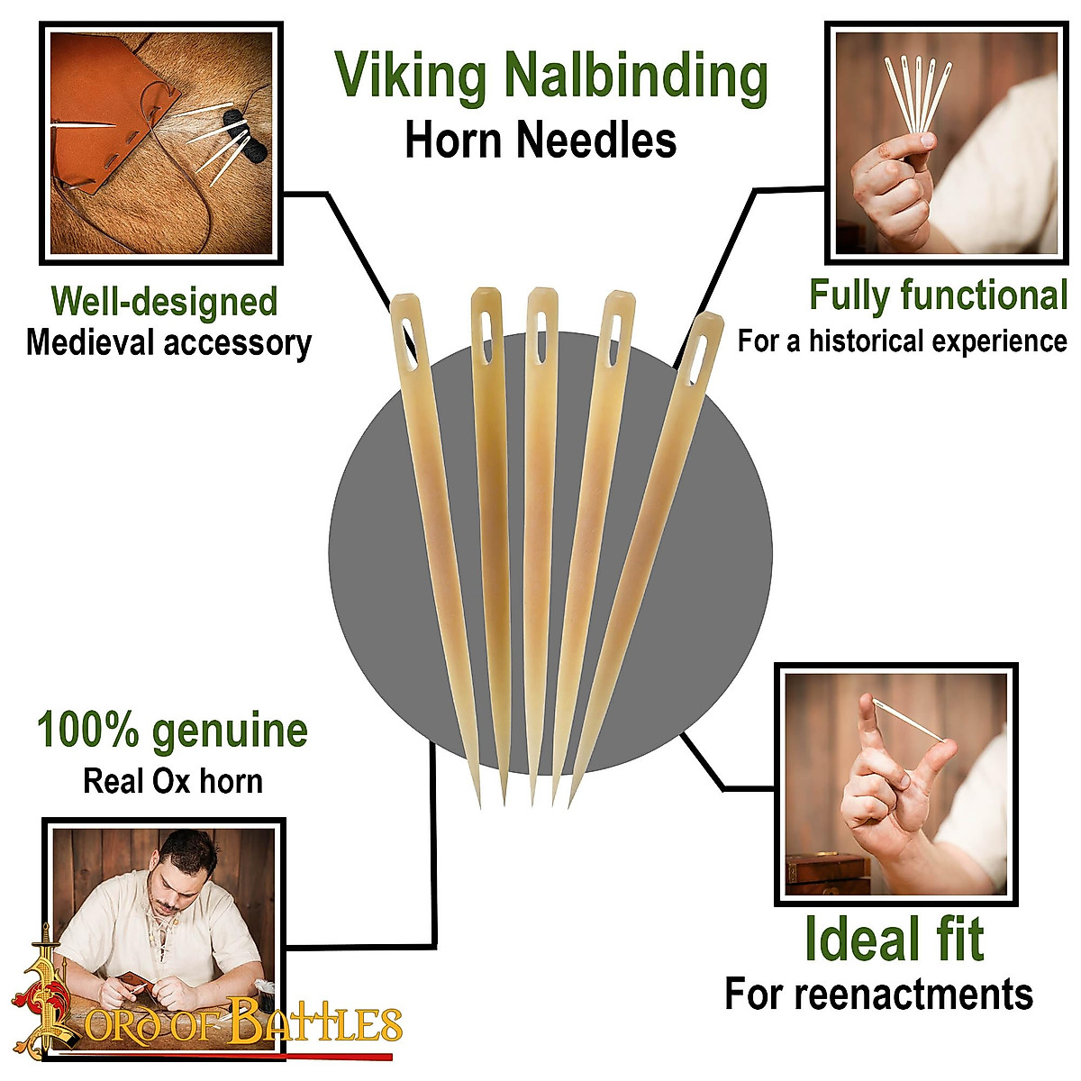 Lord of Battles Medieval Needle Viking Embroidery Needle Handmade Knitting Needles Binding Tool, Multipurpose Weaving/Knitting/Stitching Needles for Craft Work (Set of 5, Bone Needles - 3.5")