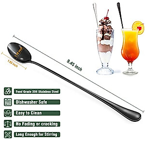 GLAMFIELDS Black 9.5 Inch Long Handle Iced Tea Spoons, Coffee Spoons, Ice Cream Spoon, Stainless Steel Cocktail Stirring Spoons, Set of 4