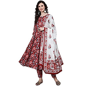 Amayra Women's Rayon Printed Anarkali Kurti with Palazzos and Dupatta Set (Maroon, Small)