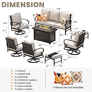 VICLLAX 8 Pieces Patio Furniture Set with 45-inch Firepit,Outdoor Furniture of 3-Seater Sofa, 4 Patio Swivel Chairs and Metal Top Firepit with 2 Ottomans for Backyard Deck and Garden