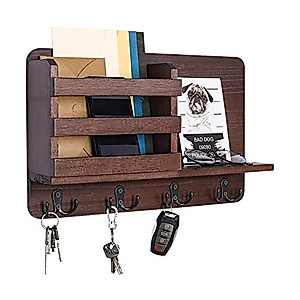 PAG Hanging Mail Organizer Entryway Wood Floating Shelf Accessories Storage Holder Rack with 4 Double Hooks, Brown