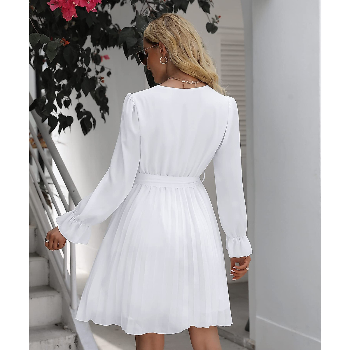Kenaque Womens Long Sleeve V Neck Dresses for Wedding Guest Ruffle Lantern Sleeve Pleated Mini Dress with Belt Off-White