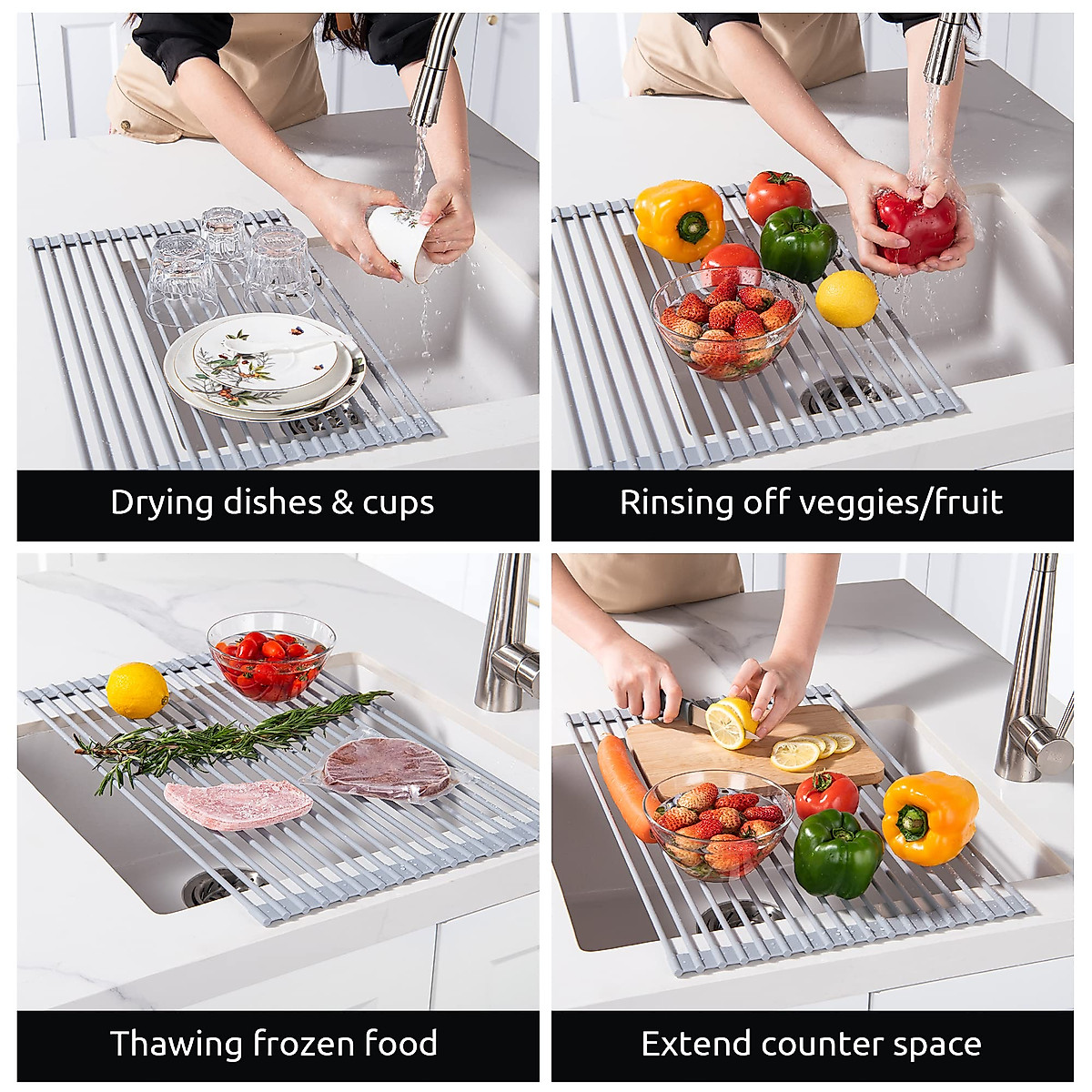 U-Taste Roll Up Dish Drying Rack 20.5 by 13 Inches, Over The Sink Foldable Multipurpose Silicone Dish Drainer Warm Gray, Large