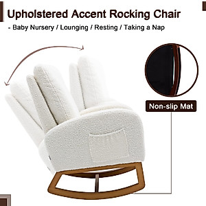 Antetek Modern Accent Rocking Chair, Upholstered Nursery Glider Rocker for Baby and Kids, Comfy Armchair with Side Pocket, Living Room Lounge Arm Chair with High Backrest (White)