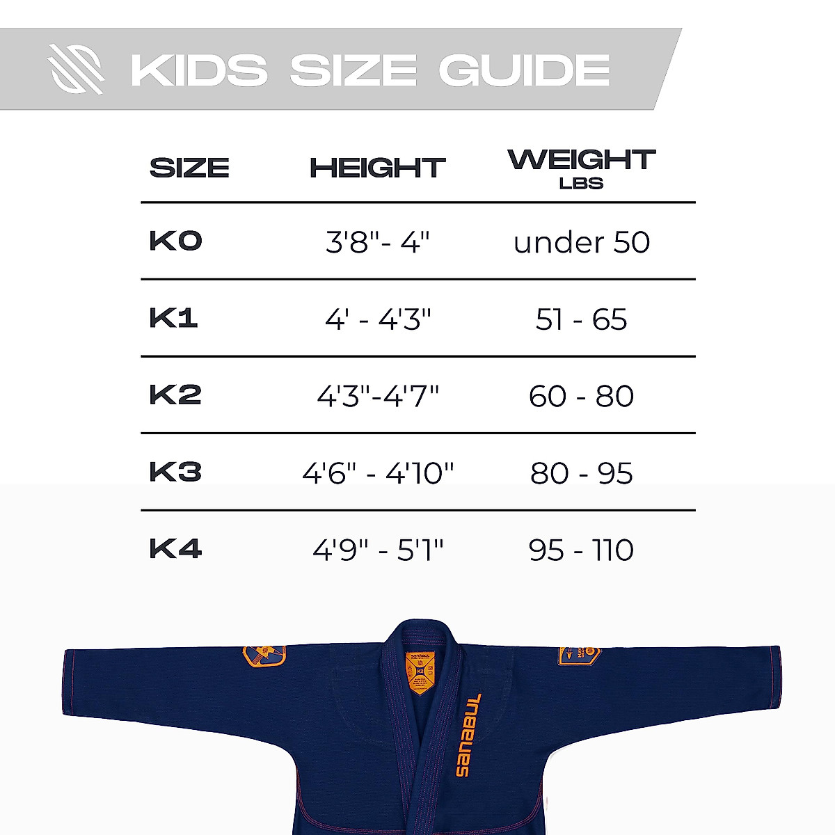 Sanabul Future Legends BJJ Gi for Kids Jiu Jitsu Gi Kimono for Children Youth Preshrunk Fabric & BJJ White Belt Included - Navy/Orange, K4