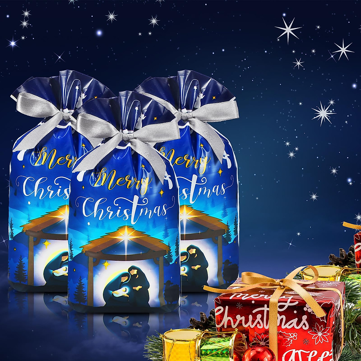 Funrous 50 Pcs Christmas Nativity Gift Bags Christmas Drawstring Plastic Bag Bulk Religious Gift Bags with Ties Xmas Holy Gift Wrapping Sacks for Birthday Party Treat Candy Goody Christmas Presents