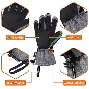 SUN CUBE Ski Gloves Men Women, Waterproof Thermal Winter Snow Gloves, Windproof 3M Thinsulate Snowboarding Snowmobile Skiing, Insulated Warmers Zipper Pocket Cold Weather Outdoor Snowboard, Gray XL