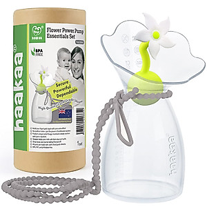 haakaa Manual Breast Pump Petal Silicone Breast Pump with Flower Stopper & Silicone Strap Breastfeeding Essentials Set (7oz/200ml, New Version)