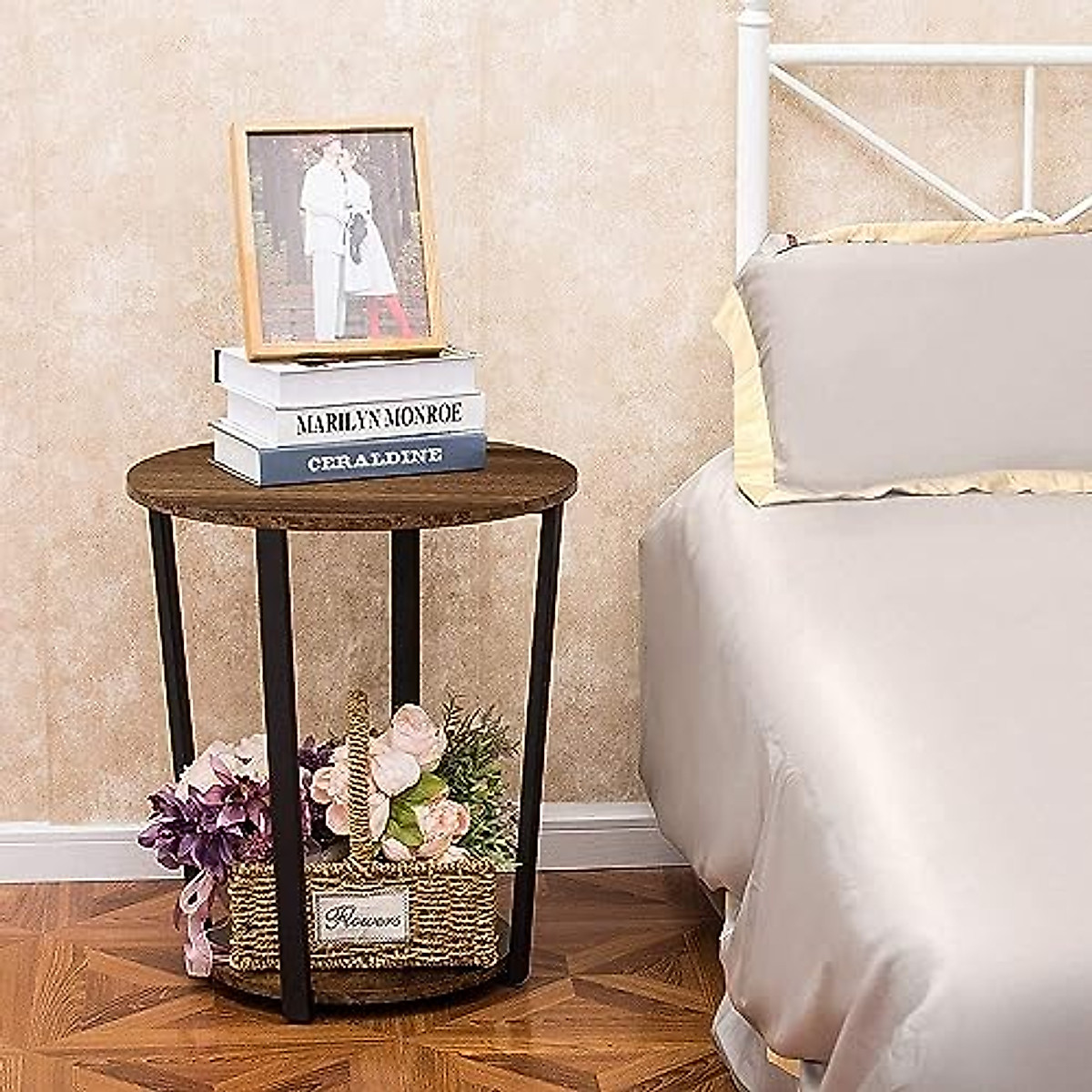 GOOD & GRACIOUS Round End Side Table with Storage Shelf for Living Room Sofa Couch End Tables with Sturdy Metal Frame Bedside Accent Table with Metal Frame for Small Spaces, Bedroom, Brown