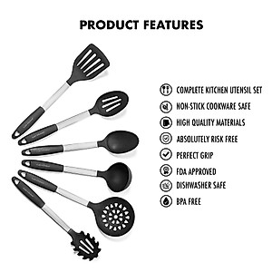 Daily Kitchen Utensils Set Silicone and Stainless Steel - Heat Resistant Cooking Utensils for Non Stick Cookware - Silicone Utensils Cooking Utensil Set - Kitchen Tools and Gadgets - 6-Piece Tool Set