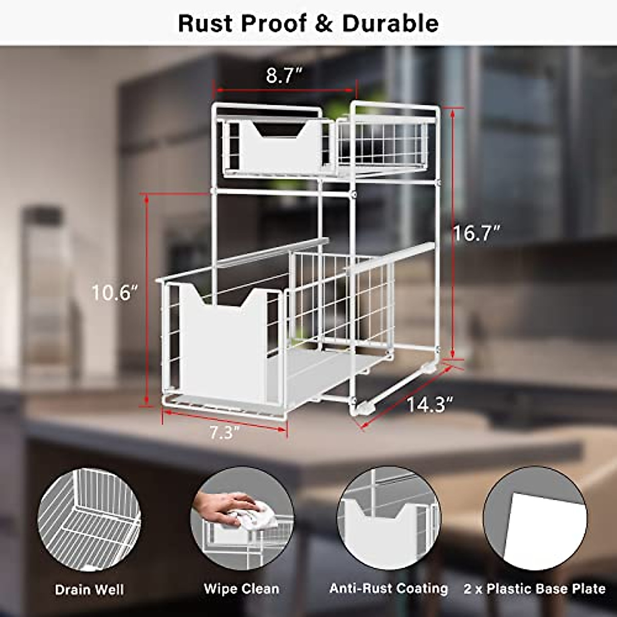 PIGTAB Under Sink Organizers and Storage - Pull Out Under Cabinet Organizer for Bathroom, Kitchen, 2 Tier Metal Shelf Basket Holds up to 150lbs for Kitchen Bathroom Cabinet or Pantry