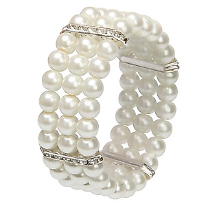 Coolrunner Ladies 3 Rows Faux Pearls Accent Off White Stretch Wrist Bracelet Jewelry