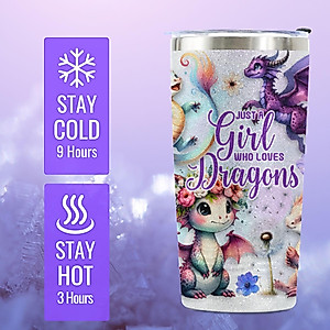 Onebttl Dragon Gifts for Girls, Dragon Coffee Travel Mug for Dragon Lovers, Women, Daughter - Just A Girl Who Loves Dragons - Stainless Steel 20Oz Tumbler, Glitter