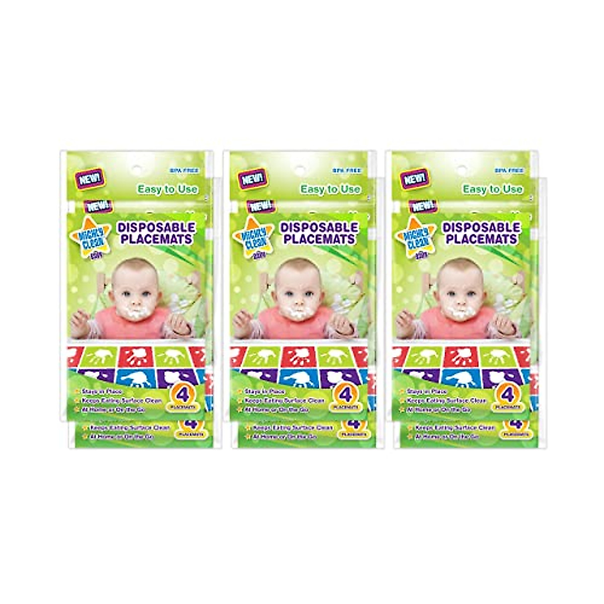 Mighty Clean Baby Disposable Placemat - Super Sticky Toddler and Infant Mat for Feeding on The Go, 24 Count Value Pack (6 Packages of 4 placemats Each)