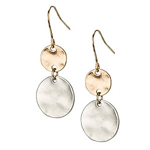 Tribal Gold, Silver and Copper or Rose Gold Mixed Metal Boho Chic Ethnic Vintage Hoop Circle Fishhook Dangle Earrings for Women and Girls Gift Jewelry Bohemian (2 Disc 2 Pack)