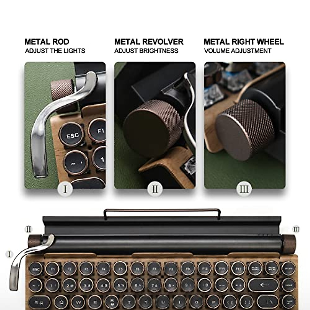 SUEHIODHY Retro Typewriter Keyboard Bluetooth5.0 LED Backlit Mechanical Keyboards 83keys Blue Switch with Stand Wired Punk Style Keyboard for Tablet/Desktop/Laptop/Cell Phone (Wood)