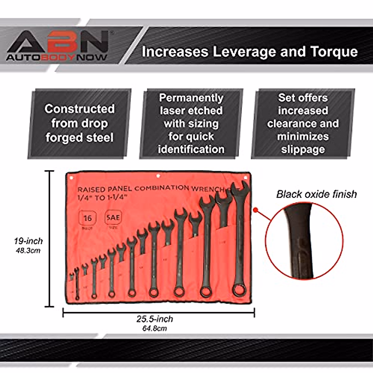 ABN Standard Wrenches Set - 16 Piece SAE Combination Wrench Set 1/4in to 1-1/4in SAE Wrench Set with Roll Up Pouch