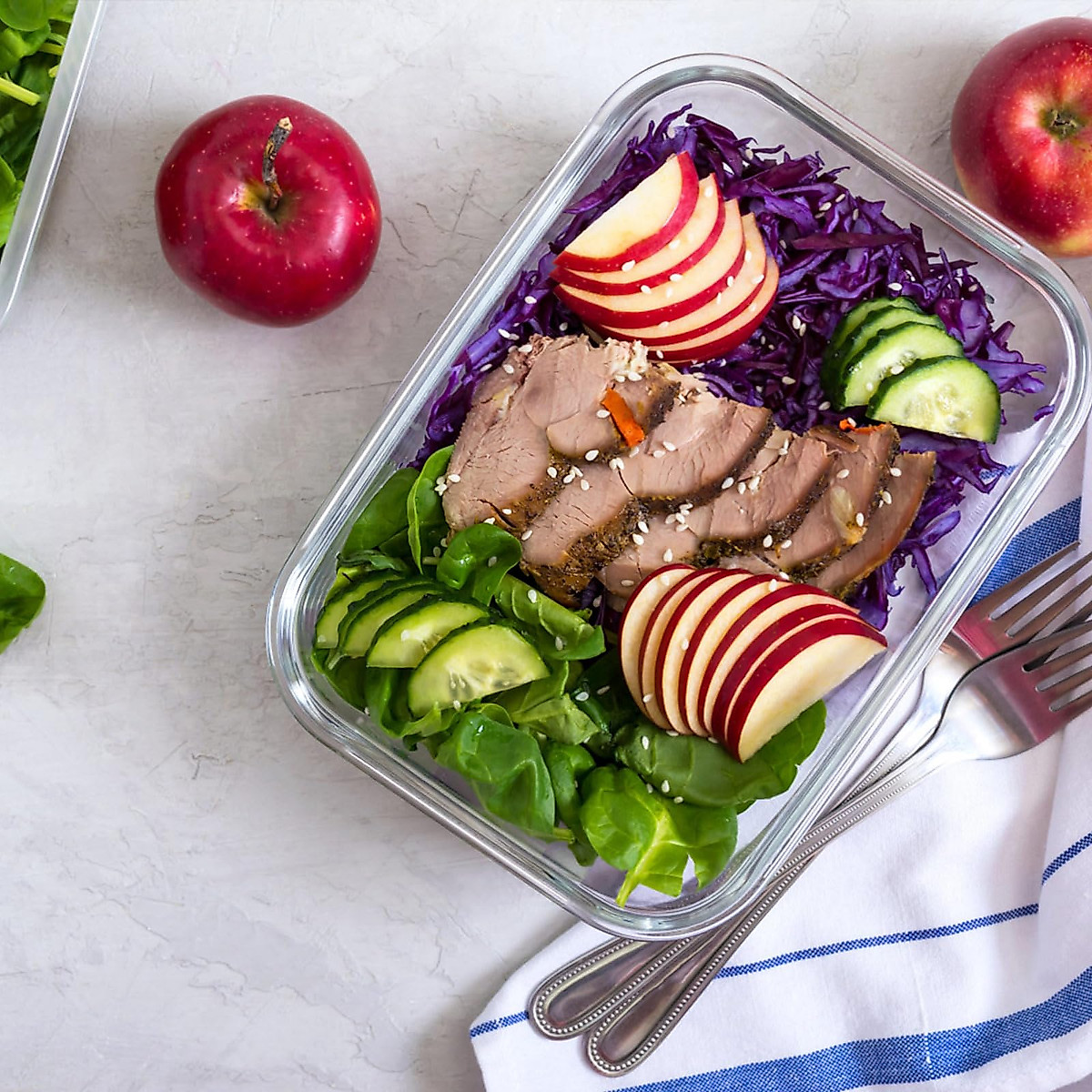 Dumtanight 3 Piece Glass Food Storage Container Glass Lunch Containers Glass Meal Prep Container Set Clip Seals Tightly Without Leakage Applicable to Microwave Oven Refrigerator Dishwasher