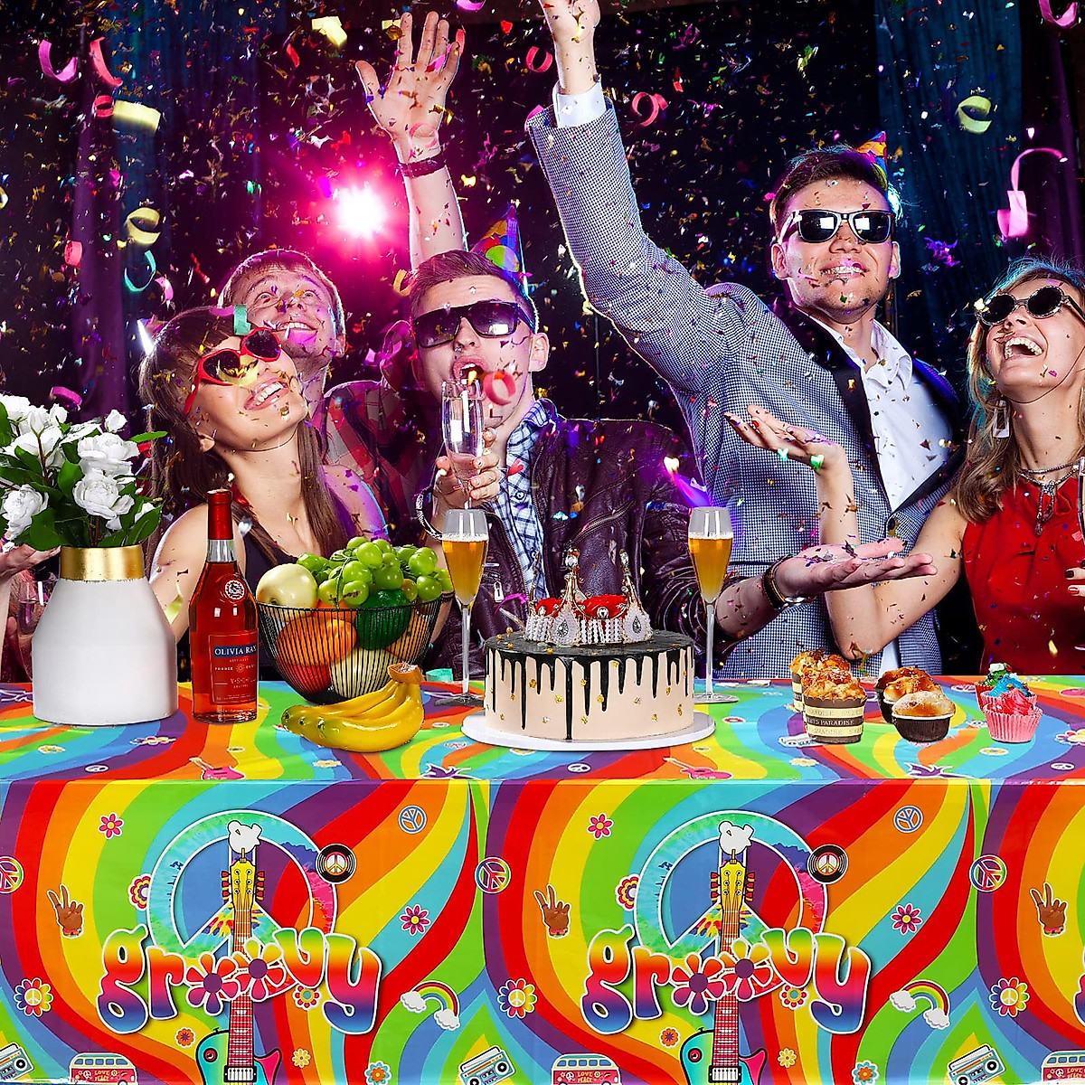 3 Pieces Plastic Groovy Tablecloths Retro Hippie Table Covers for Rectangle Table, Disposable Rainbow Party Decorations for 60s 70s Boho Themed Birthday Baby Shower Carnival Party (Tie Dye Style)