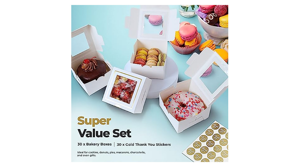 Elegant White Bakery Boxes with Gold Rim & Window - Mint Living