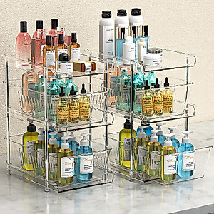GoMaihe Bathroom Organizer Under Sink: 3-tier Clear Pull Out Medicine Cabinet Organizer - Sliding Storage Drawer for Makeup in Small Bathroom & Kitchen | Stackable & Anti-slip & Easy to Clean 2-pack
