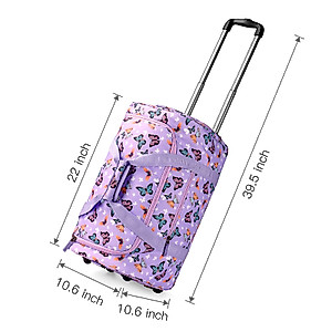 Choco Mocha Girls Butterfly Suitcase with Wheels Kids Purple Rolling Duffle Bag for Camping Teen Girls Toddler Luggage Bag for Travel, 22inch