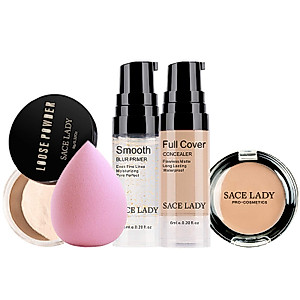 Face Powder Oil Free & Full Coverage Foundation Concealer & Moisturizing Primer & Soft Sponge Waterproof Make Up Set Long Lasting Poreless Makeup 5Pcs