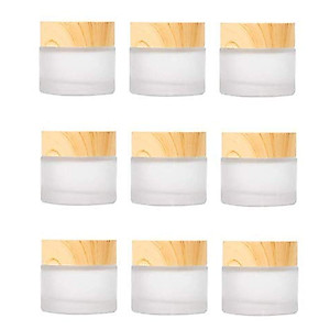 Healthcom 10 Pack 10 Grams/10 ML Empty Jars Round Frosted Glass Cosmetic Cream Jar Bottle with Wood Grain Lid Cosmetic Containers Refillable Glass Face Cream Box Pot for Makeup Lip Balms Eyeshadow