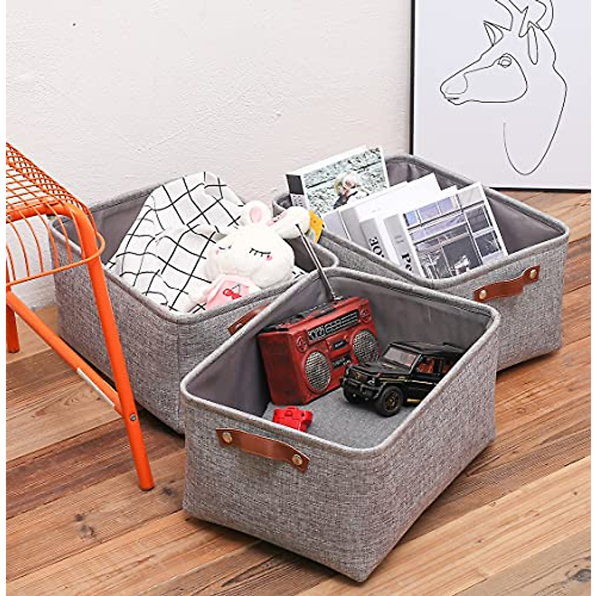 QURTS Large Storage Bins(15.74 x 11.81 7.87 inches), Foldable Fabric Baskets with Handles for Cupboards, Wardrobe, Shelves, Bathroom, Clothes, Toys, Towel (Grey, 3 Pack) Gray 15.6 11.7 7.8 inches