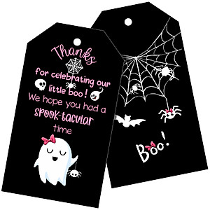 50 Pieces Halloween Thank You Favor Tags Thanks for Celebrating Our Little Boo Gift Tags Spooky Ghost Thank You Tags Baptism Favors for Guests Wedding Baby Shower Birthday Party Supplies (Girl Style)