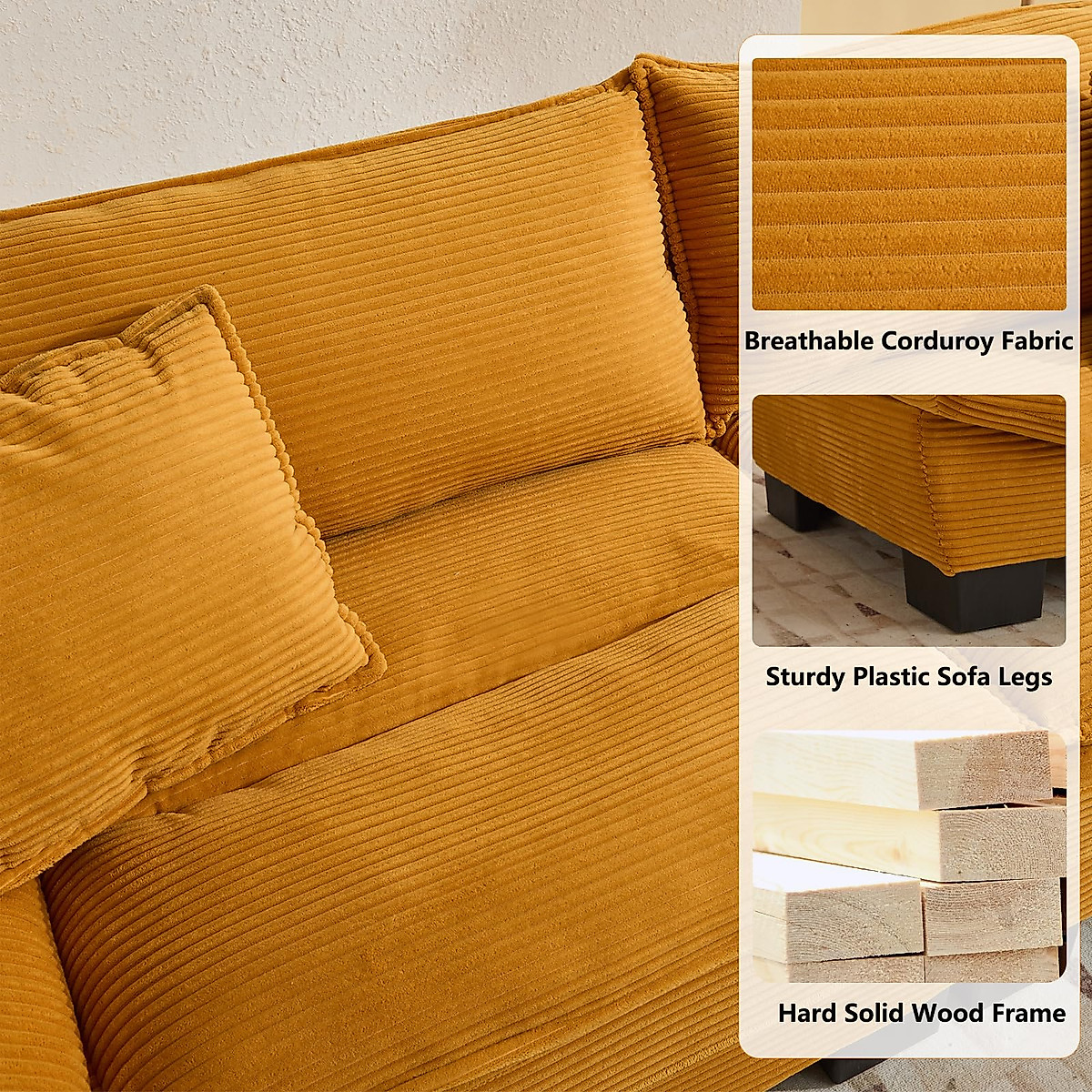Anwick Loveseat Sofa 84" Deep Seat Corduroy Couch, Upholstered 2 Seater Sofa with Pillows, Modern Comfy Sofas for Living Room Bedroom Apartment (Yellow)