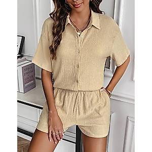 Ekouaer Womens Lounge Sets 2 Piece Outfits Casual Tracksuit Pajamas Set Button Down Shirt and Shorts Pockets Brown L