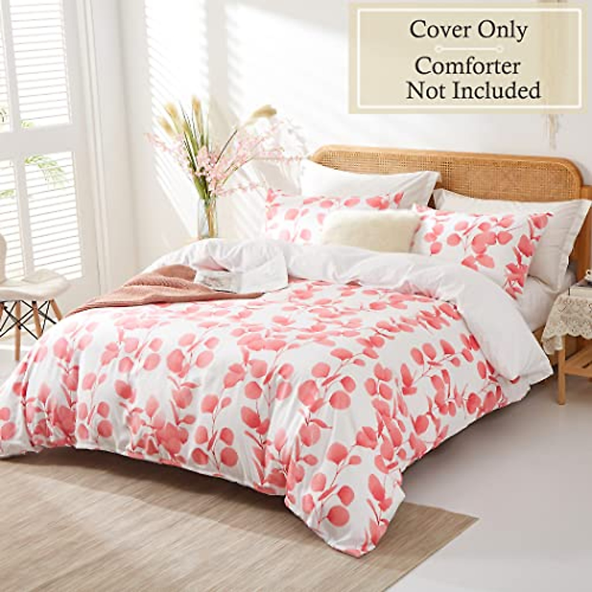 LAMEJOR Duvet Cover Set Queen Size White/Pink Leaves Floral Bedding Set Comforter Cover (1 Duvet Cover+2 Pillowcases)