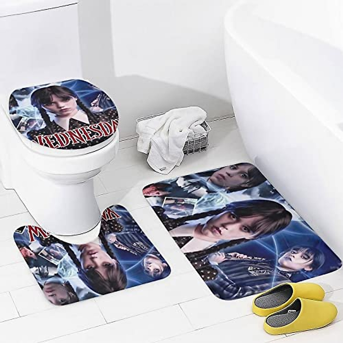 𝐖.𝐞𝐝𝐧𝐞𝐬𝐝𝐚𝐲 Bathroom Shower Curtain 4 Pieces Set, 𝐀.𝐝𝐝𝐚𝐦𝐬 Shower Curtain Set with Anti-Slip Rug, Toilet Cover, Bath Mat, Waterproof Shower Curtain Set with Rug,Bathroom Set with Hooks