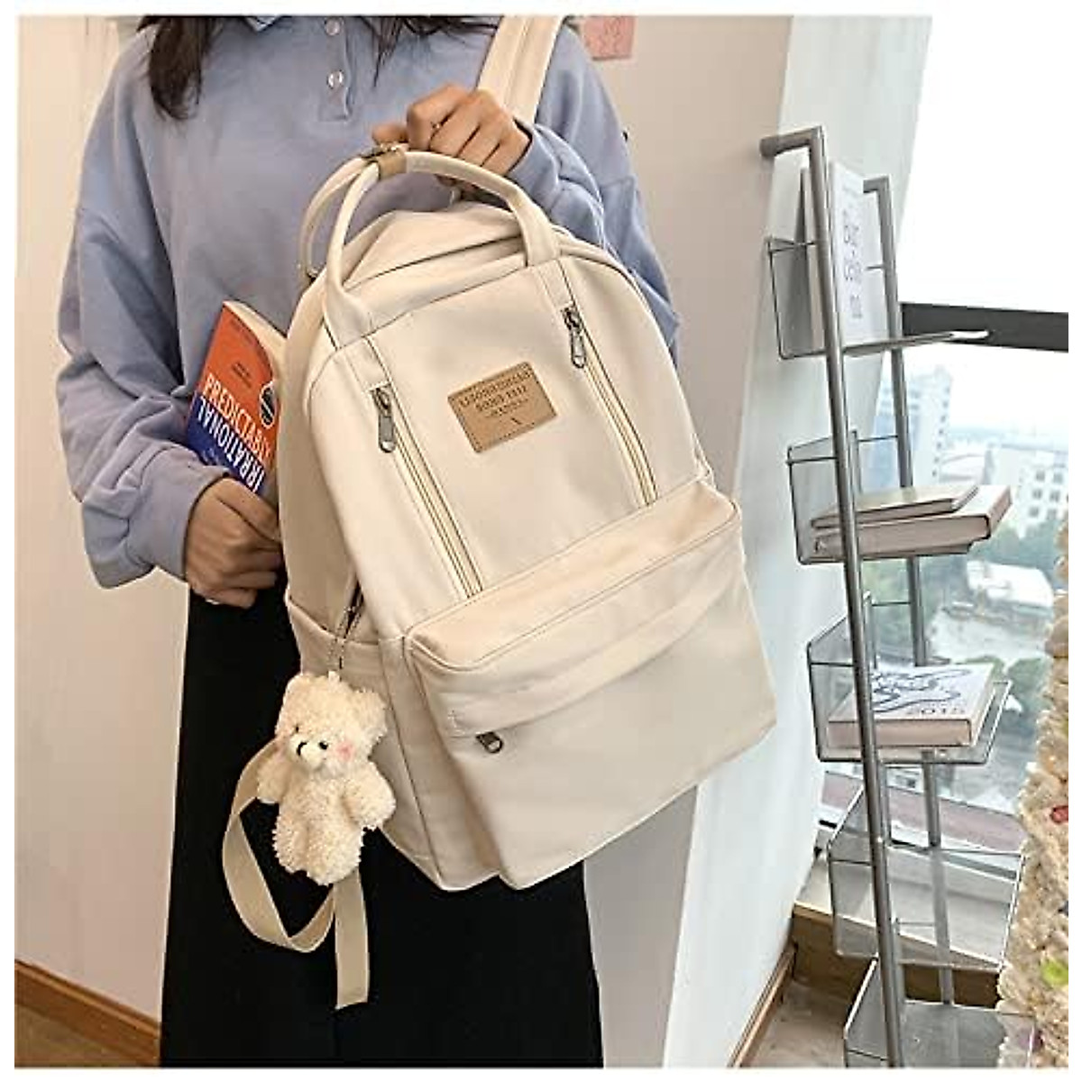 CHERSE Cute Backpack with Bear Aesthetic Accessories Kawaii stuff Y2K Backpack Preppy Shoulder Bookbag (White)