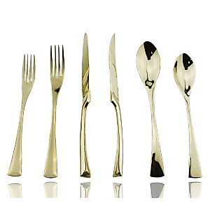 JASHII 18/10 Stainless Steel 8 Piece Mirror Polished Champagne Gold Serrated Steak Knife Serving Black Utensil Set