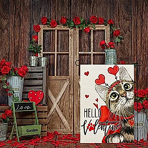 CROWNED BEAUTY Valentines Day Cat Garden Flag 12x18 Inch Small Double Sided for Outside, Hello Valentine Heart Yard CF686-12