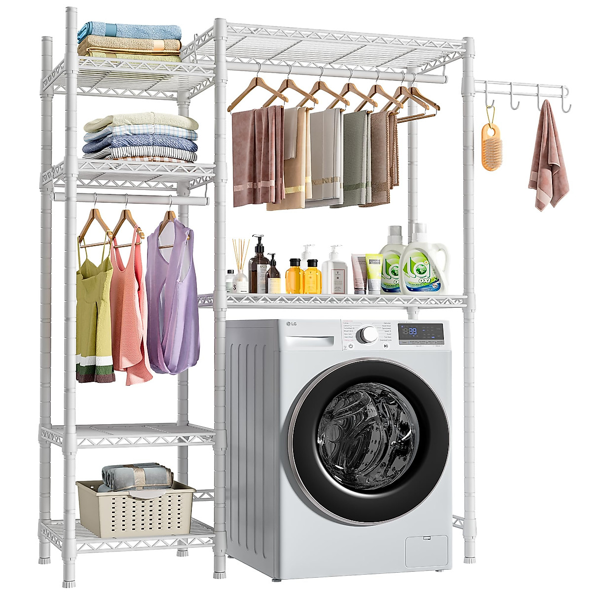 Ulif U7 Over the Washer and Dryer Storage, Laundry Room Heavy-Duty Space Saver with 6 Shelves and 2 Hanger Rods, Laundry Clothes Drying Rack and Toiletries Organizer, 47.2”W x 13.4”D x 77.4”H, White