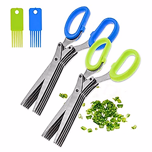 2PCS Stainless Steel Herb Scissors with 5 Blades, Multipurpose Kitchen Cutting Shearring Mincer Tool with Cleaning Comb, Ideal Garden Gadgets for Shredding Vegetables, Paper, Basil, Parsley, Cilantro