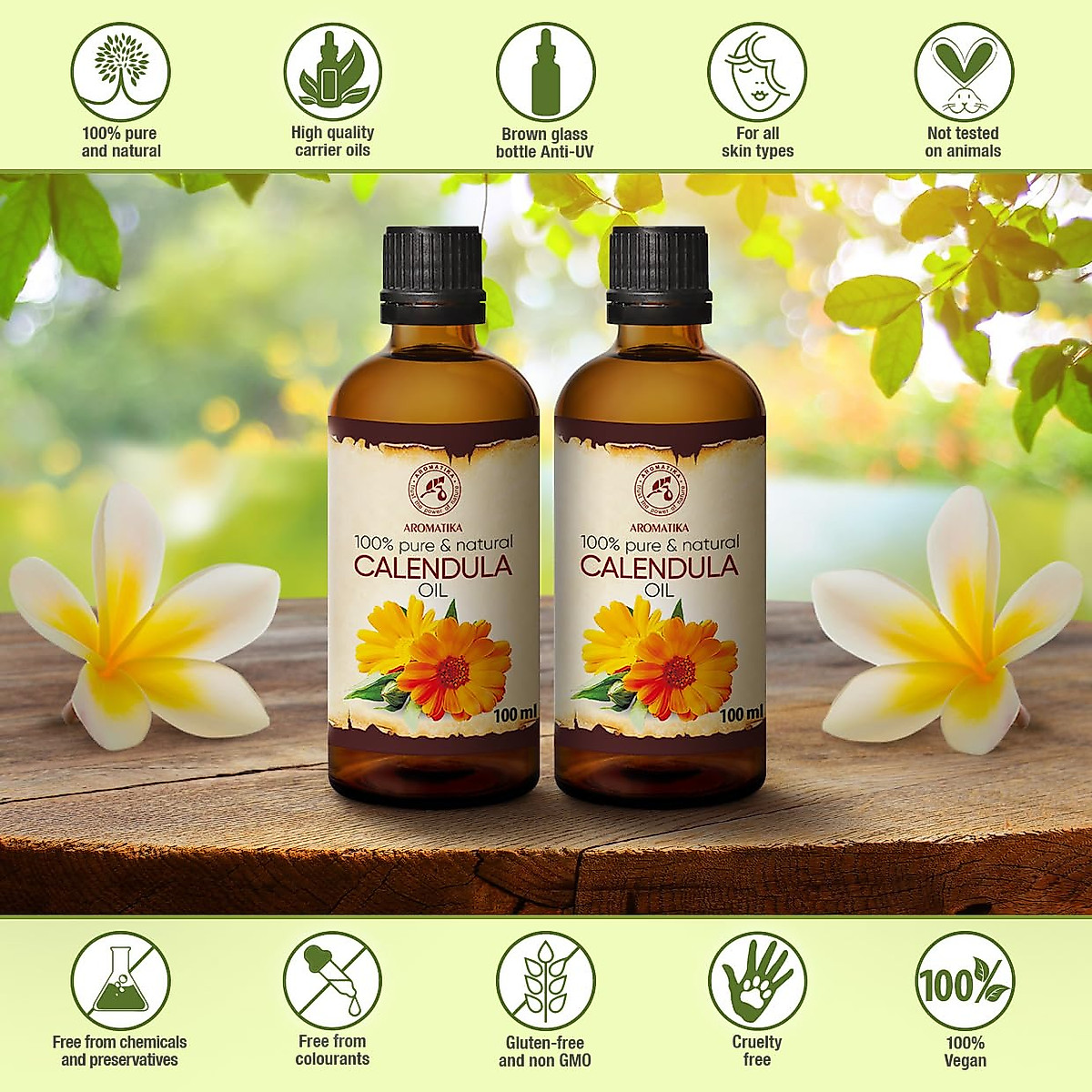 AROMATIKA Calendula Oil set 2 x 3.4 Fl Oz - 6.8 Fl Oz - Calendula Officinalis - Infused - Almond Oil Base - 100% Pure & Natural - Marigold Oil - for Skin, Nails, Hair, Face, Body