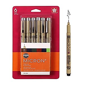 SAKURA Pigma Micron Fineliner Pens - Archival Black and Colored Ink Pens - Pens for Writing, Drawing, or Journaling - Black and Assorted Colored Ink - 05 Point Size - 6 Pack