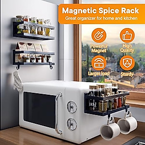 Mr Rabbi Magnetic Spice Rack for Refrigerator, 3 Pack Magnetic Fridge Organizer, Metal Spice Rack Organizer Magnetic Shelf for Refrigerator and Microwave Oven with 2 hooks
