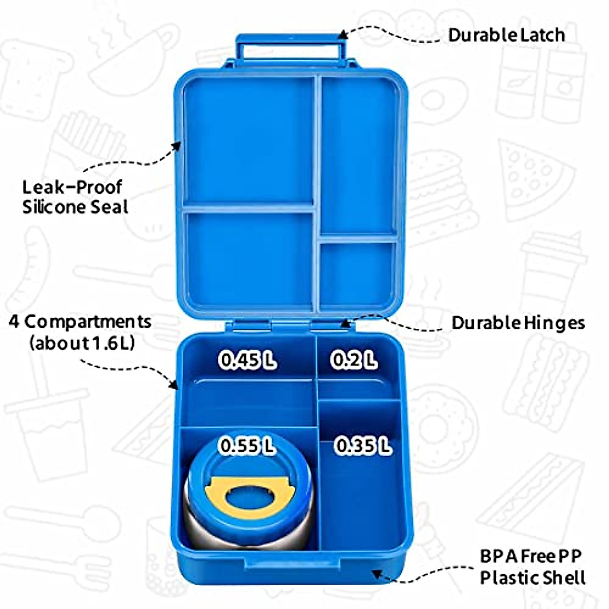MAISON HUIS Bento Lunch Box for Kids With 8oz Soup Thermo, Leakproof Lunch Compartment Containers with 4 Compartment Bento Box, Thermo Food Jar and Lunch Bag, BPA Free,Travel, School(Monster Truck)