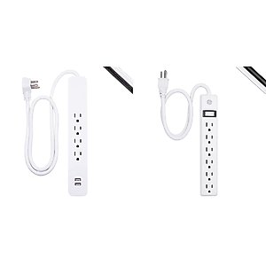 GE Home Electrical GE 6-Outlet Surge Protector, 10 Ft Extension Cord, Power Strip, 600 Joules, Flat Plug, Twist-to-Close Safety Covers, Protected Indicator Light, UL Listed, Black, 54646 (Pack of 2)