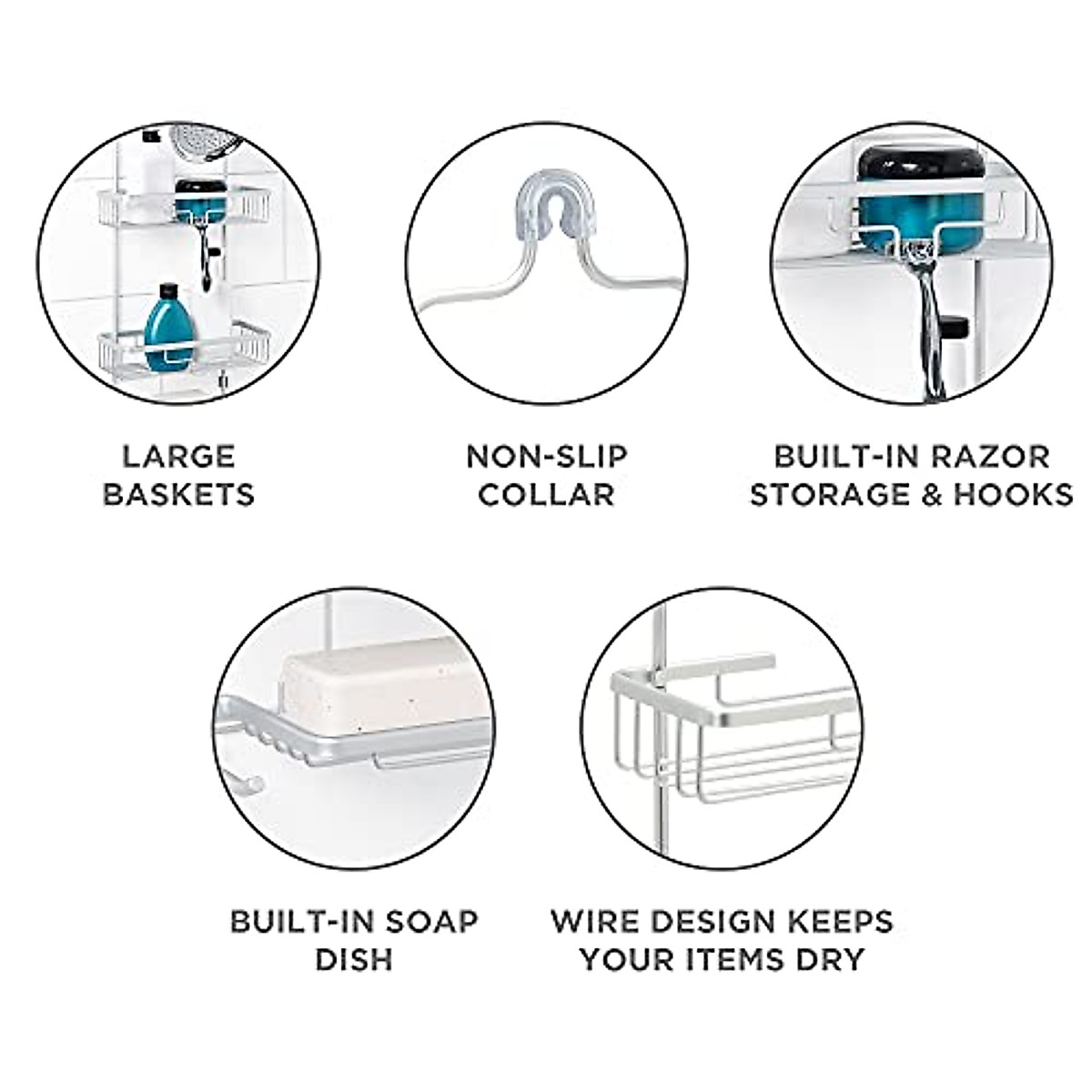 Zenna Home Hanging Shower Caddy, Over the Shower Head Bathroom Storage, Rustproof, No Drilling, Bath Organizer with 2 Shelves, Soap Tray, Razor Holders and Hooks, Satin Chrome