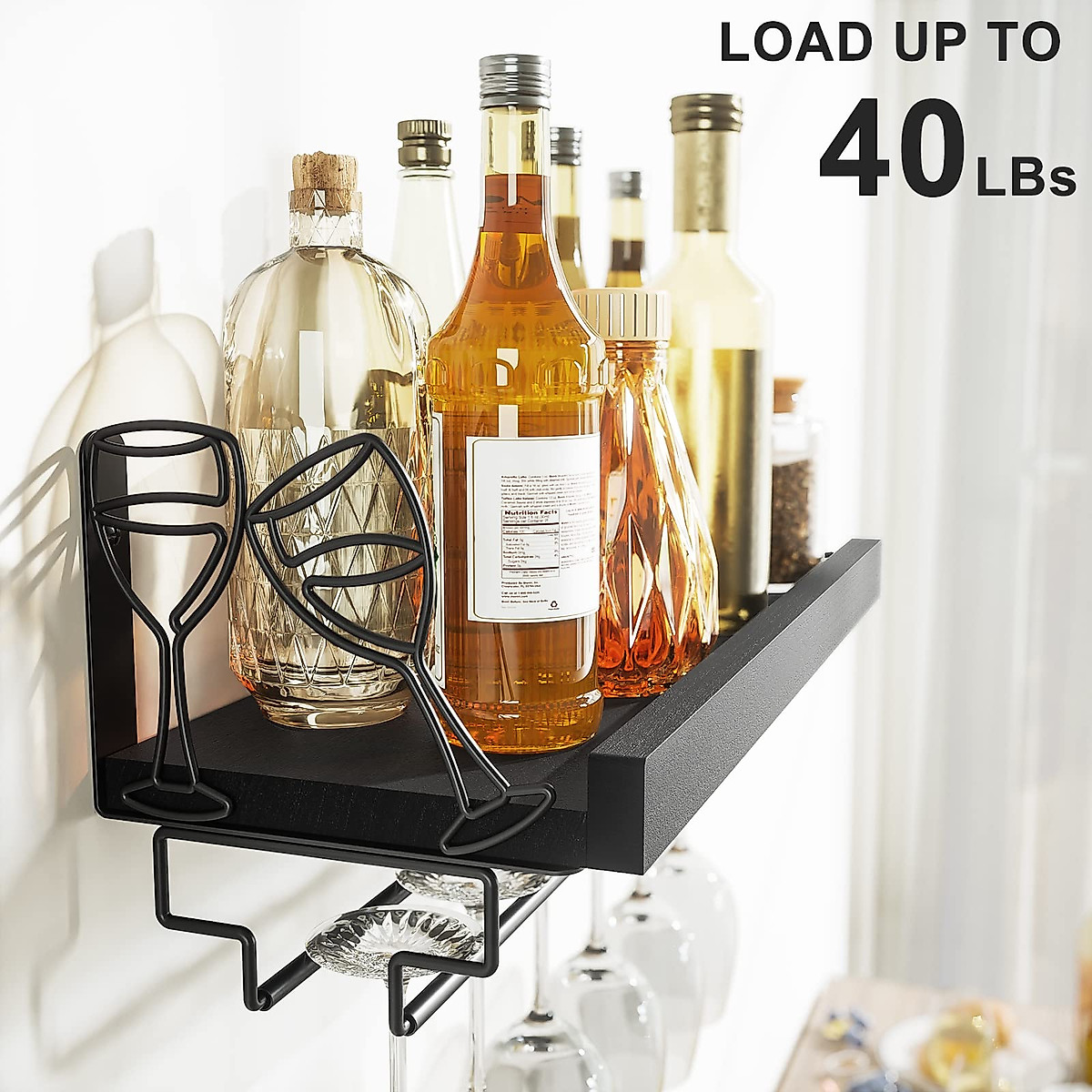 Love-KANKEI Wine Rack with Stemware Hanger, 17inch Wine Glass Rack, Floating Shelf Wall Mounted, Wood Wall Shelf for Kitchen, Dinning Room, Home Bar, Living Room etc, Pitch Black