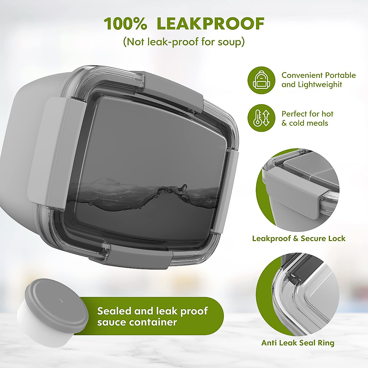 Cherrysea Salad Lunch Container, 68oz Salad Bowls with 4 Compartments Tray,Leak Proof Lunch Box with Fork for Men,Women BPA-Free Snack Container with Sauce Container for Dressings-Grey